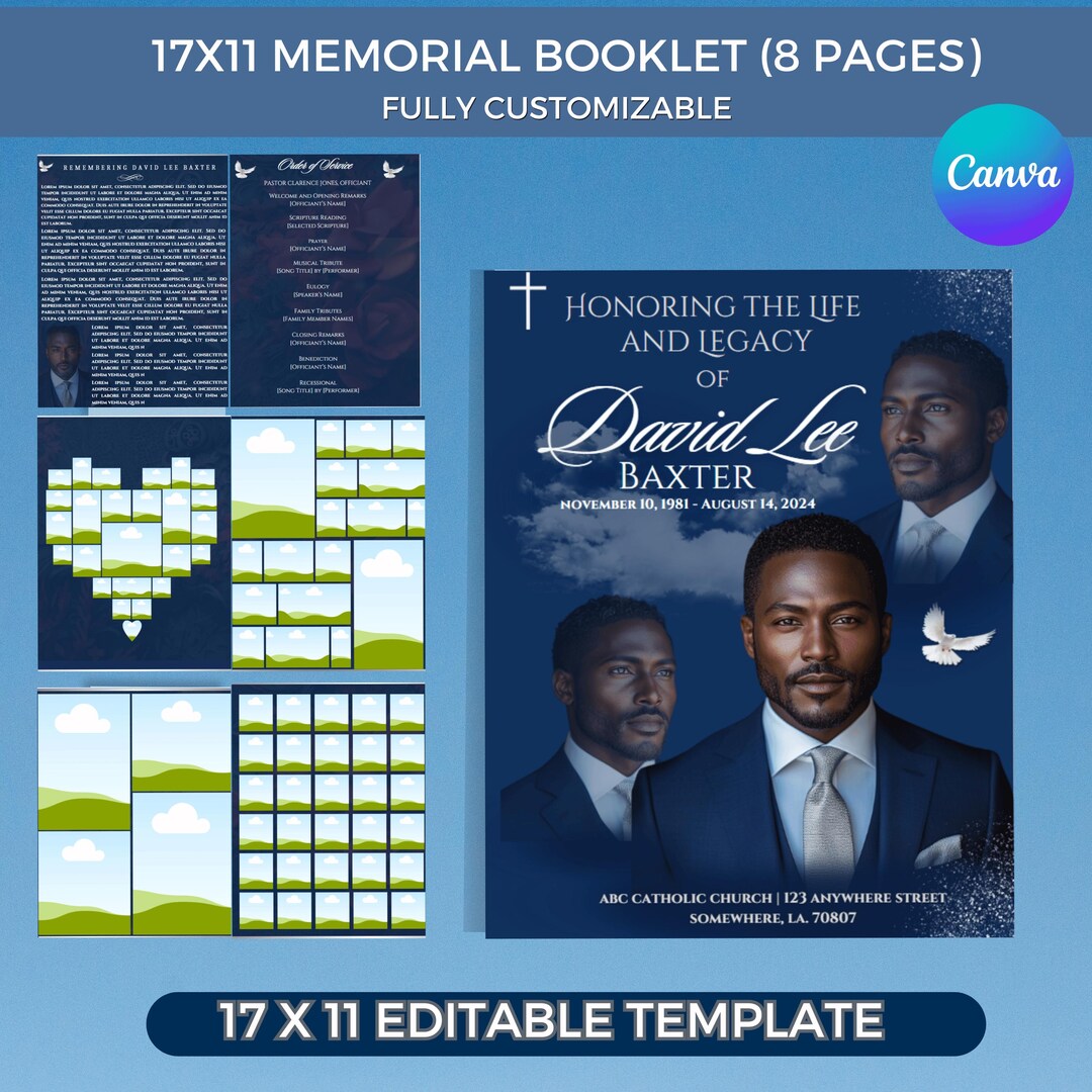 Editable Navy-blue Memorial Booklet Canva Template 17x11 8-page Funeral ...