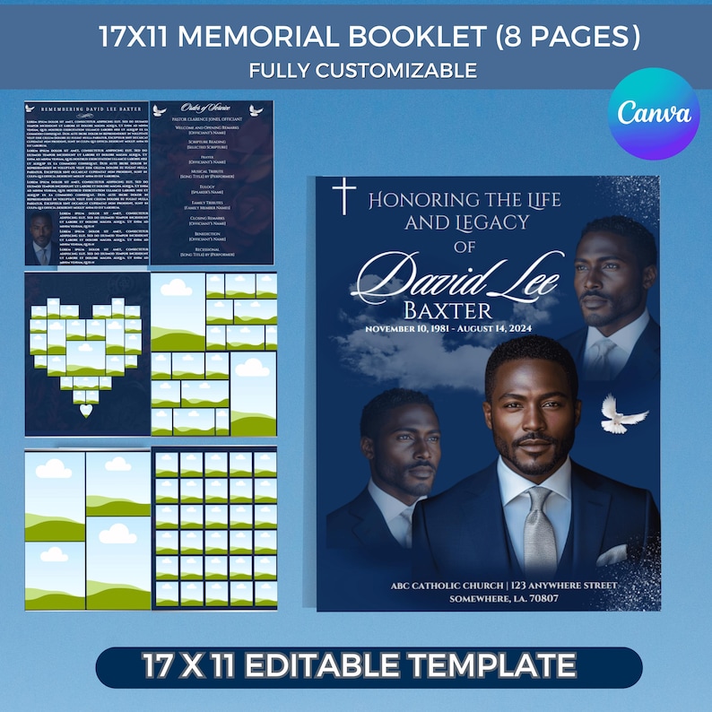 Editable Navy-blue Memorial Booklet Canva Template 17x11 8-page Funeral ...