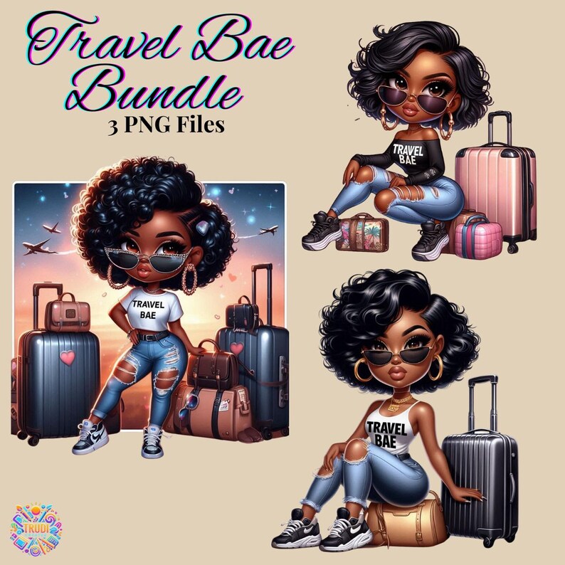 Travel Bae Clip Art Bundle, Black Womanl Clip Art, Stickers, Chibi Girl ...