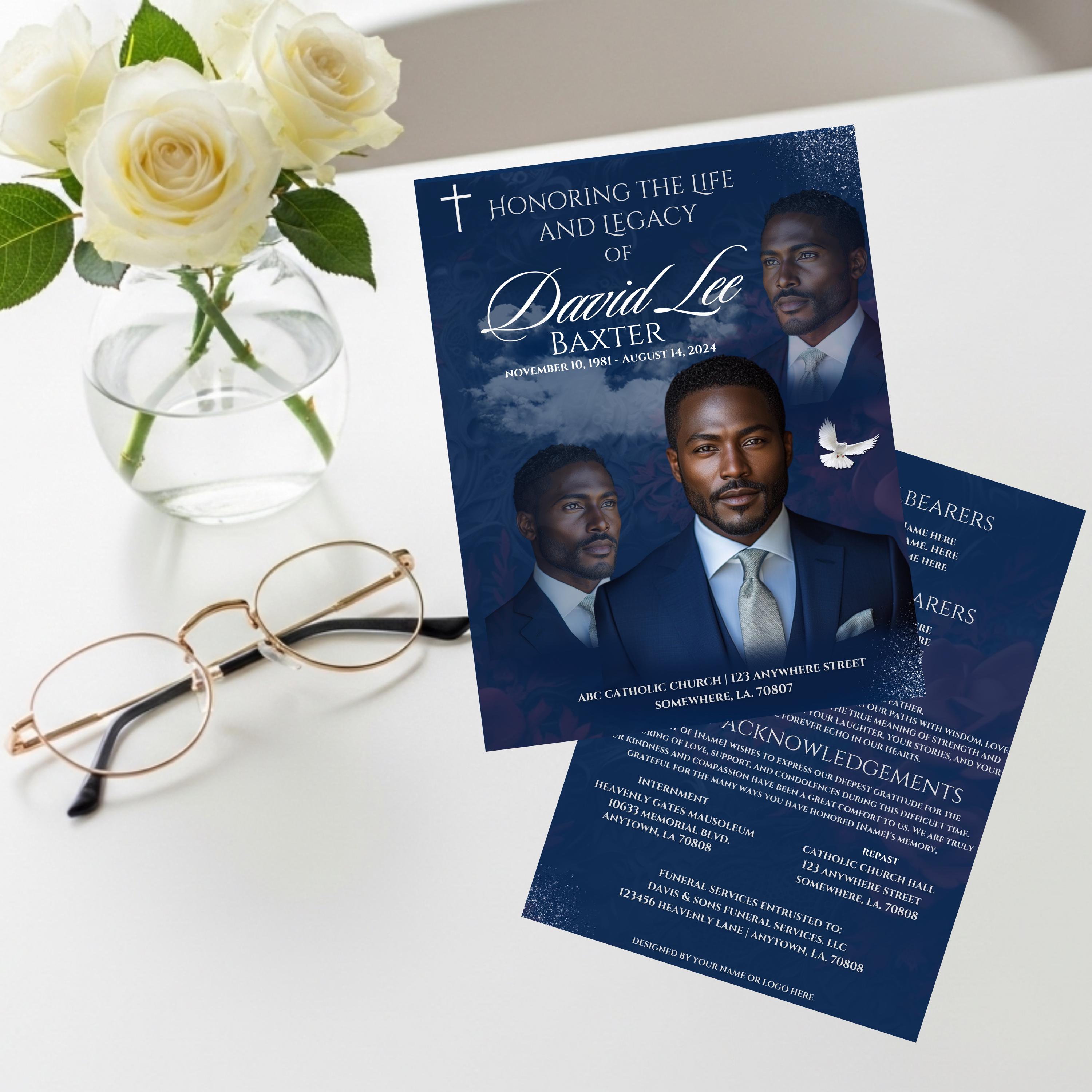 Editable Navy-blue Memorial Booklet Canva Template 17x11 8-page Funeral ...