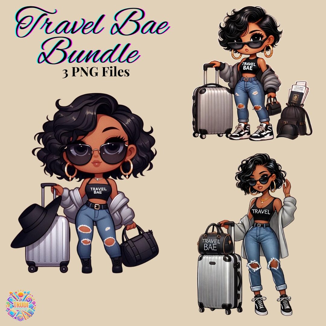 Travel Bae Clip Art Bundle, Black Woman Clip Art, Stickers, Chibi Girl ...