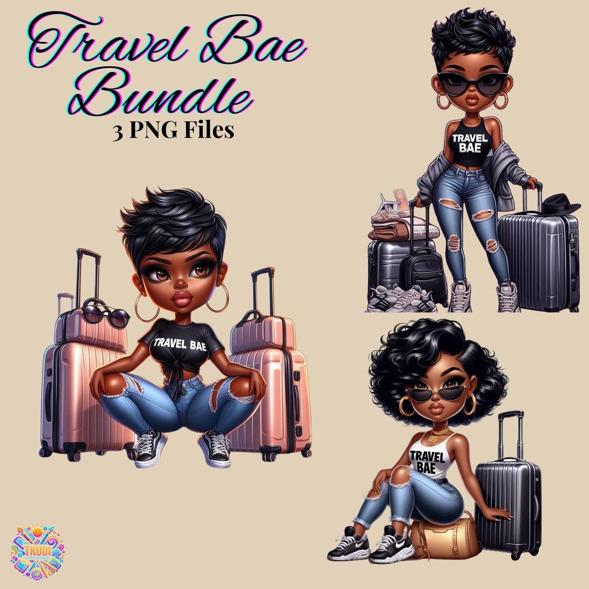 Travel Bae Clip Art Bundle, Black Woman Clip Art, Stickers, Chibi Girl ...