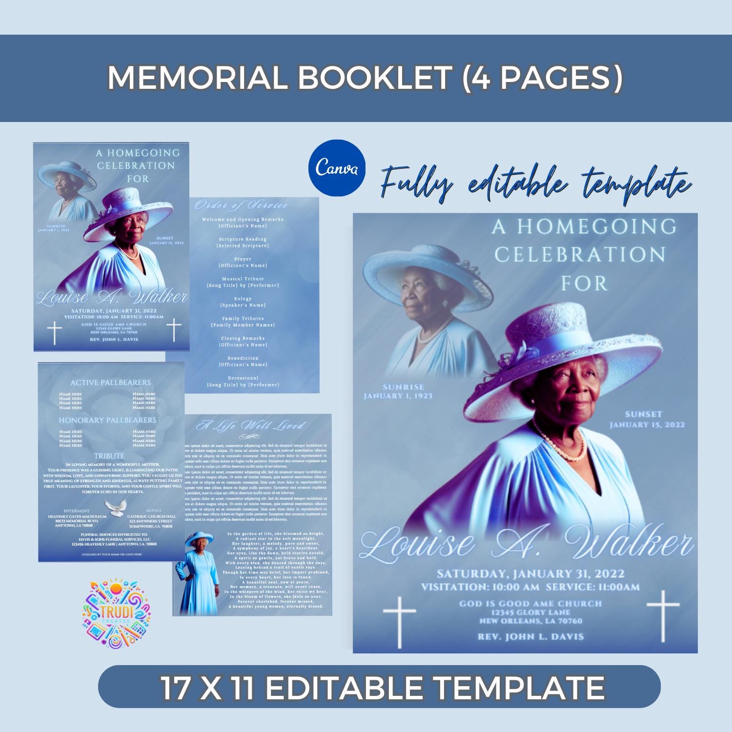 Blue Memorial Booklet Template 4 Page | Funeral Program Homegoing ...