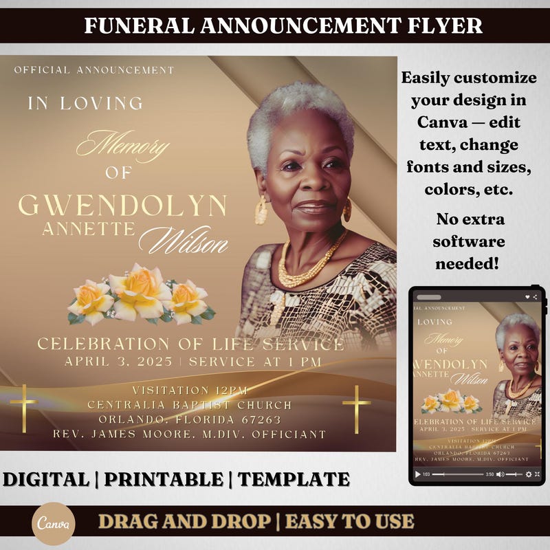 Funeral Announcement Gold and Ivory - Etsy