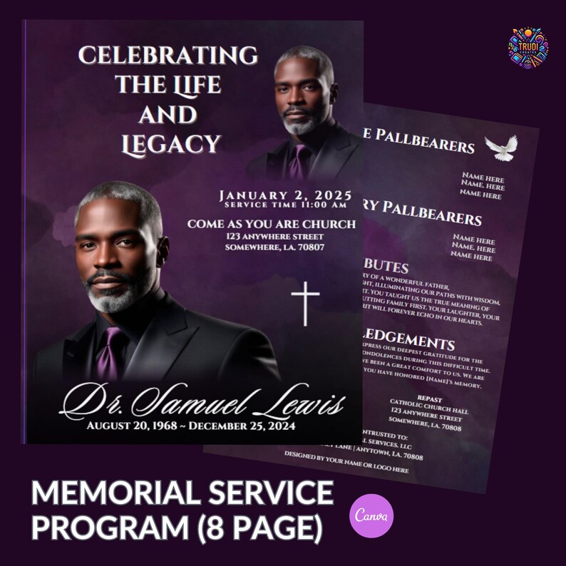 8 Page Memorial Funeral Service Booklet Program Template | Funeral ...