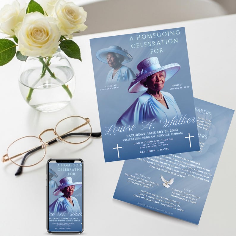 Blue Memorial Booklet Template 4 Page | Funeral Program Homegoing ...