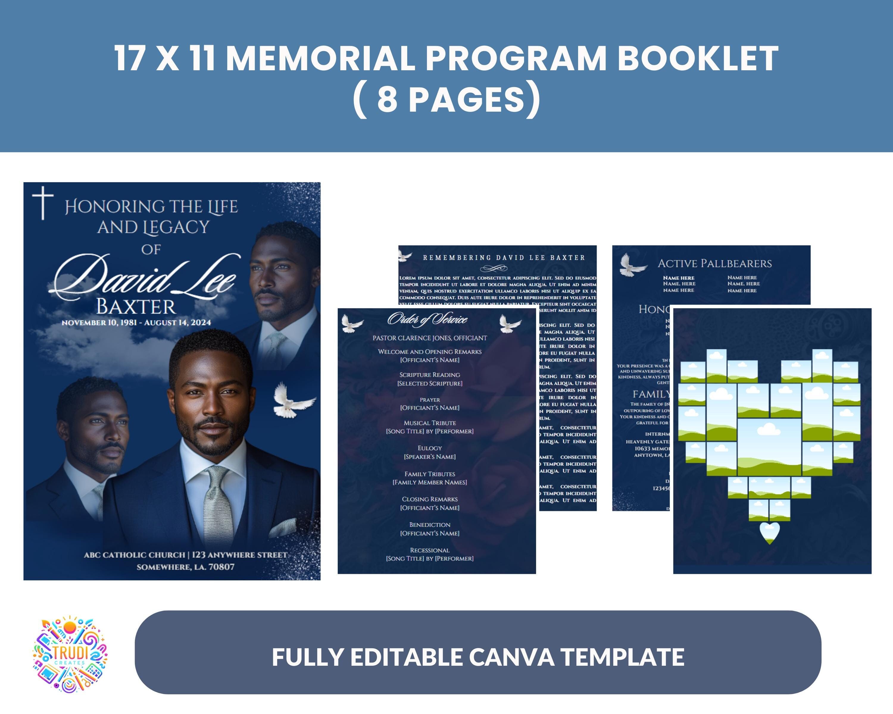 11x17 Memorial Funeral Booklet Program Template |navy Suit| 8 Page ...