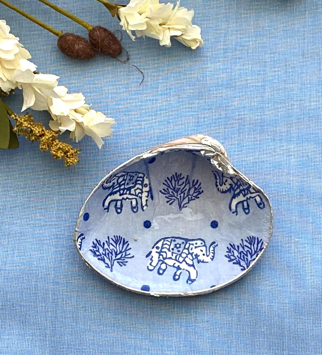Festive Elephants Clam Shell Coastal Decor Ring Dish Trinket Bowl Gift ...
