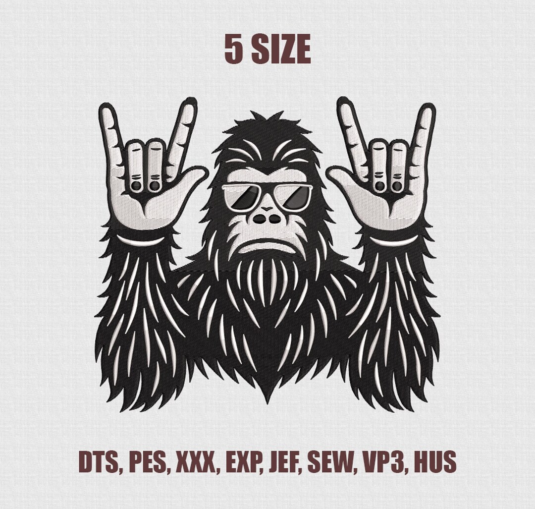 Bigfoot Rock on Silhouette Embroidery, Sasquatch Rock N Roll Embroidery ...