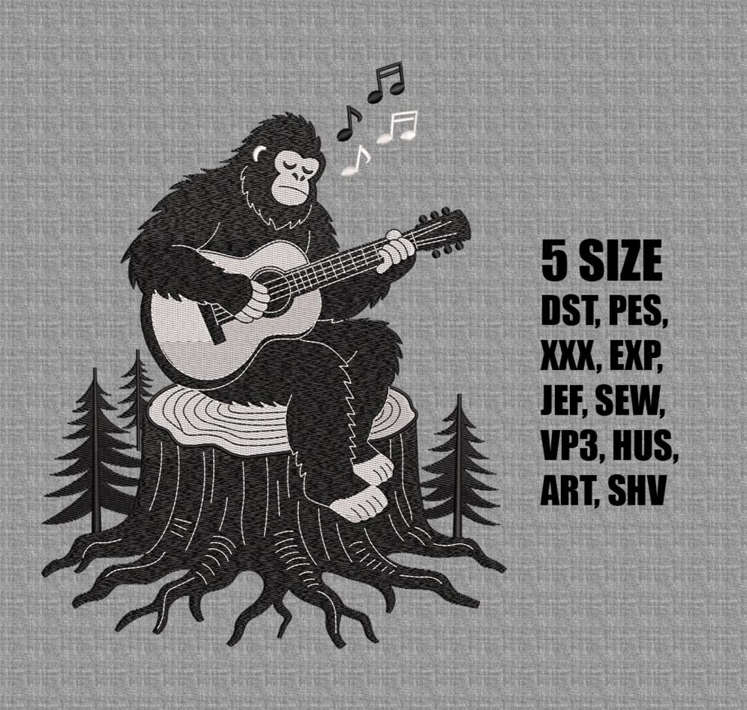 Bigfoot Guitar Embroidery Design, Sasquatch Playing Guitar Stitch File ...