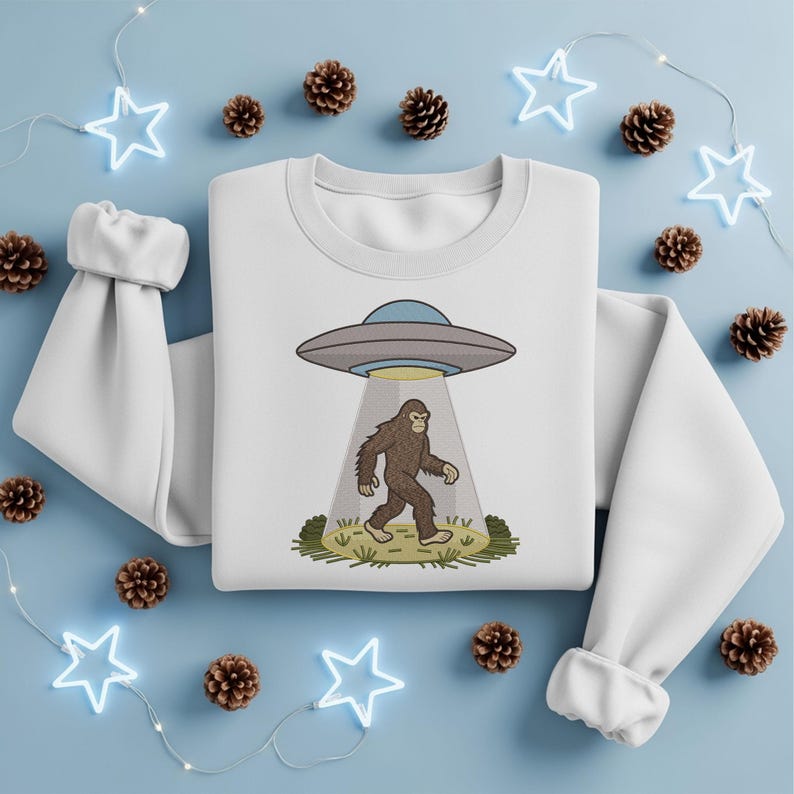 Bigfoot UFO Abduction Embroidery Design, Sasquatch Alien Encounter ...