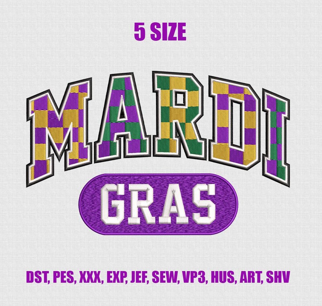 Mardi Gras Varsity Letter Embroidery Design, Checkered Mardi Gras Text ...
