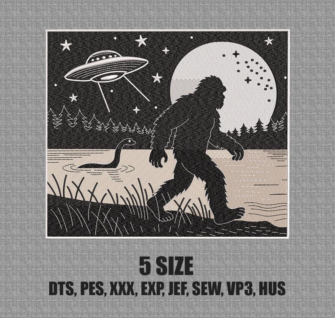 Bigfoot UFO Embroidery Design, Sasquatch Forest Embroidery, Loch Ness ...