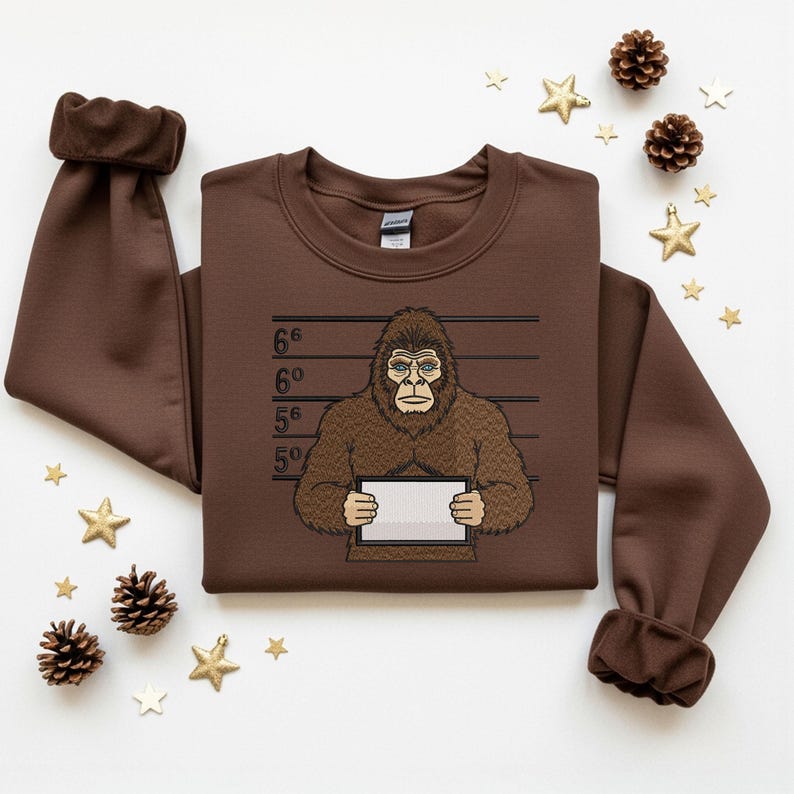 Bigfoot Mugshot Embroidery Design, Sasquatch Lineup Holding Sign, Funny ...