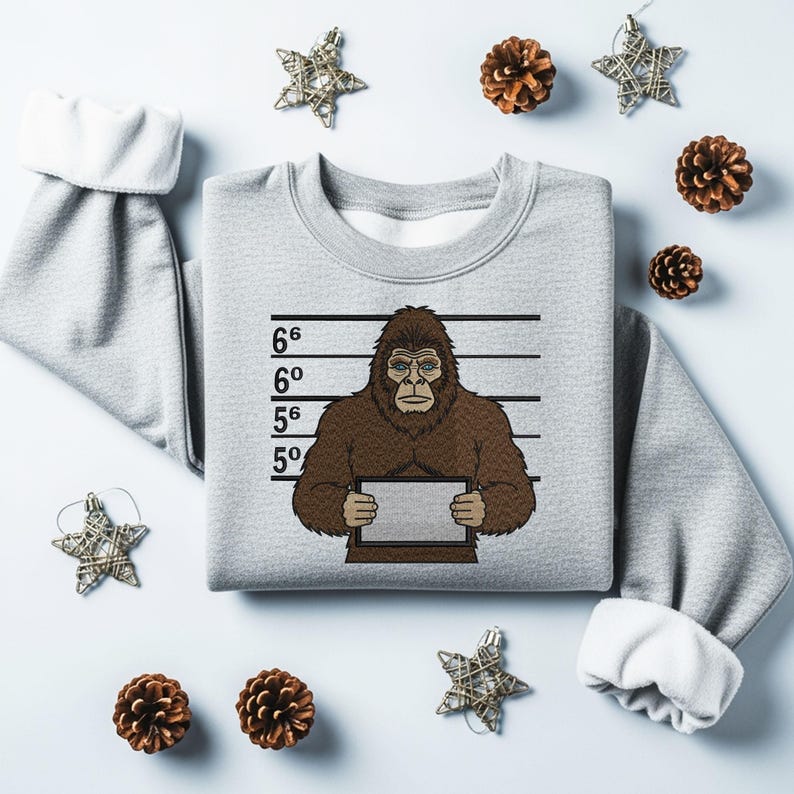 Bigfoot Mugshot Embroidery Design, Sasquatch Lineup Holding Sign, Funny ...