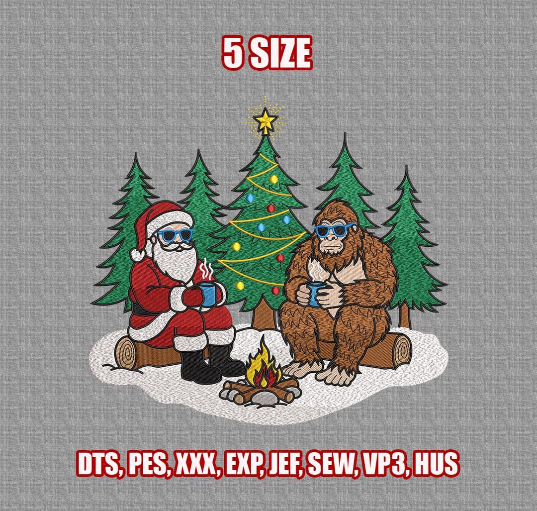 Santa Bigfoot Embroidery, Bigfoot Campfire Embroidery, Sasquatch Xmas ...