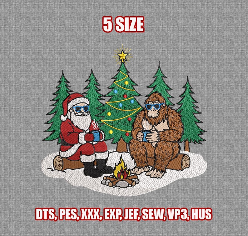 Santa Bigfoot Embroidery, Bigfoot Campfire Embroidery, Sasquatch Xmas ...