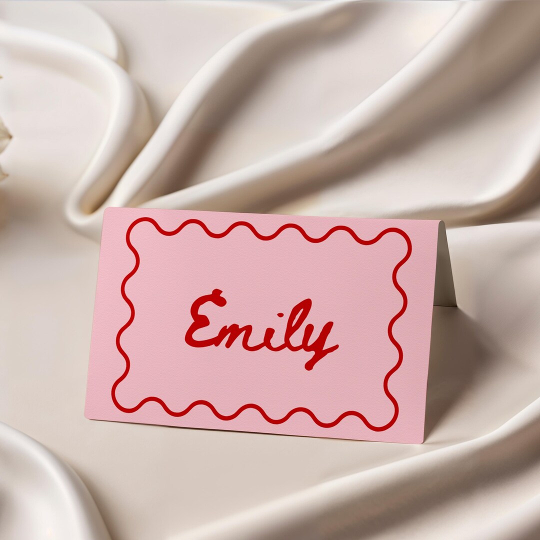Wavy Pink & Red Place Cards, Retro Name Card, Name Tag Template ...