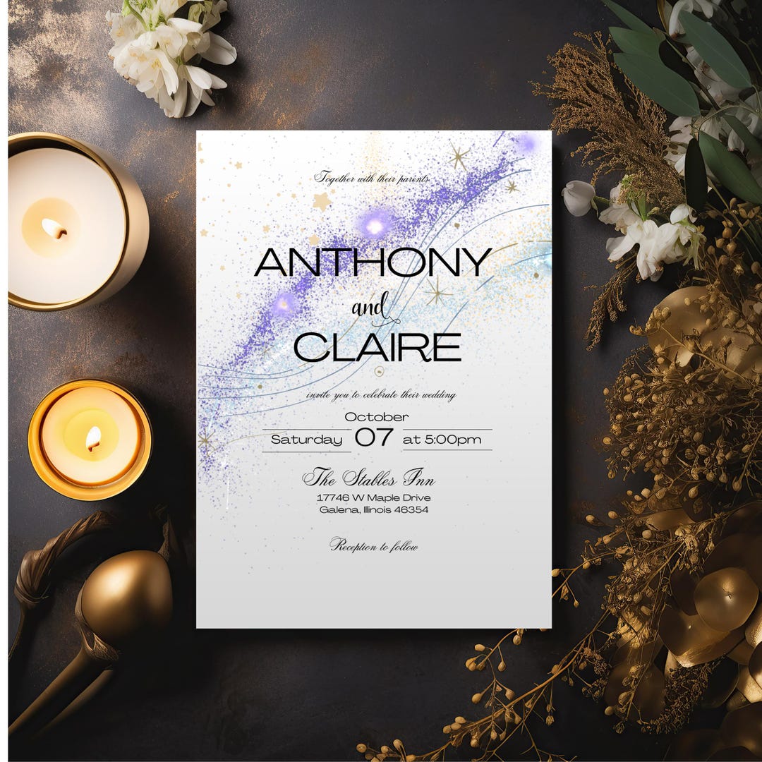 Blue Celestial Starry Night Wedding Invitation Set, Instant Download ...