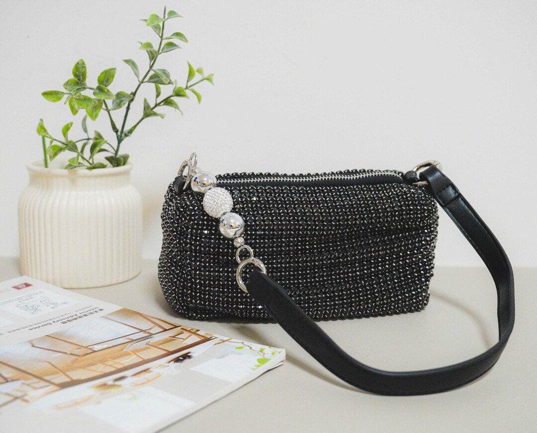 Sparkly Shoulder Bag With Zip | Clutch | Glitter | Rhinestones | Black ...