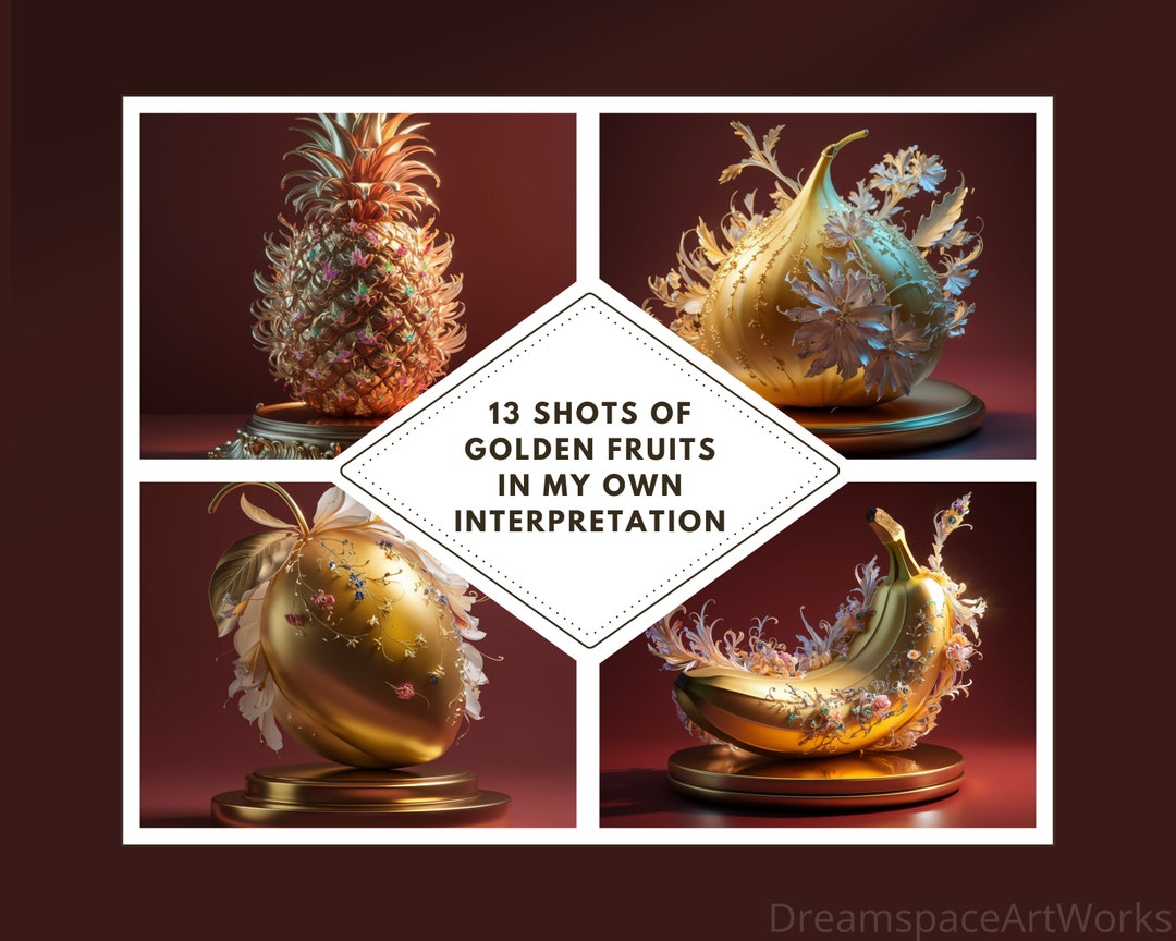 Set of 13 Golden Fruit Graphics With Accents on Crimson Background ...