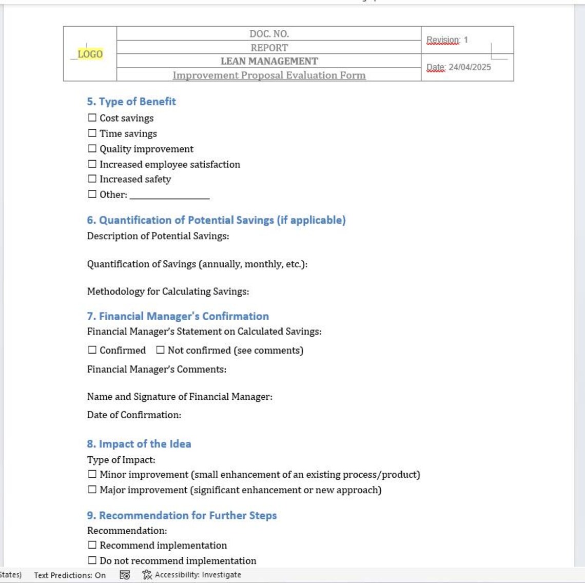 Lean Management Improvement Proposal Form: Editable Kaizen Word ...