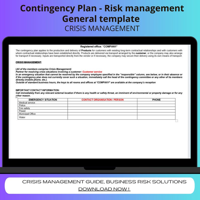 Contingency Plan Template: Editable Business Risk & Crisis Management ...