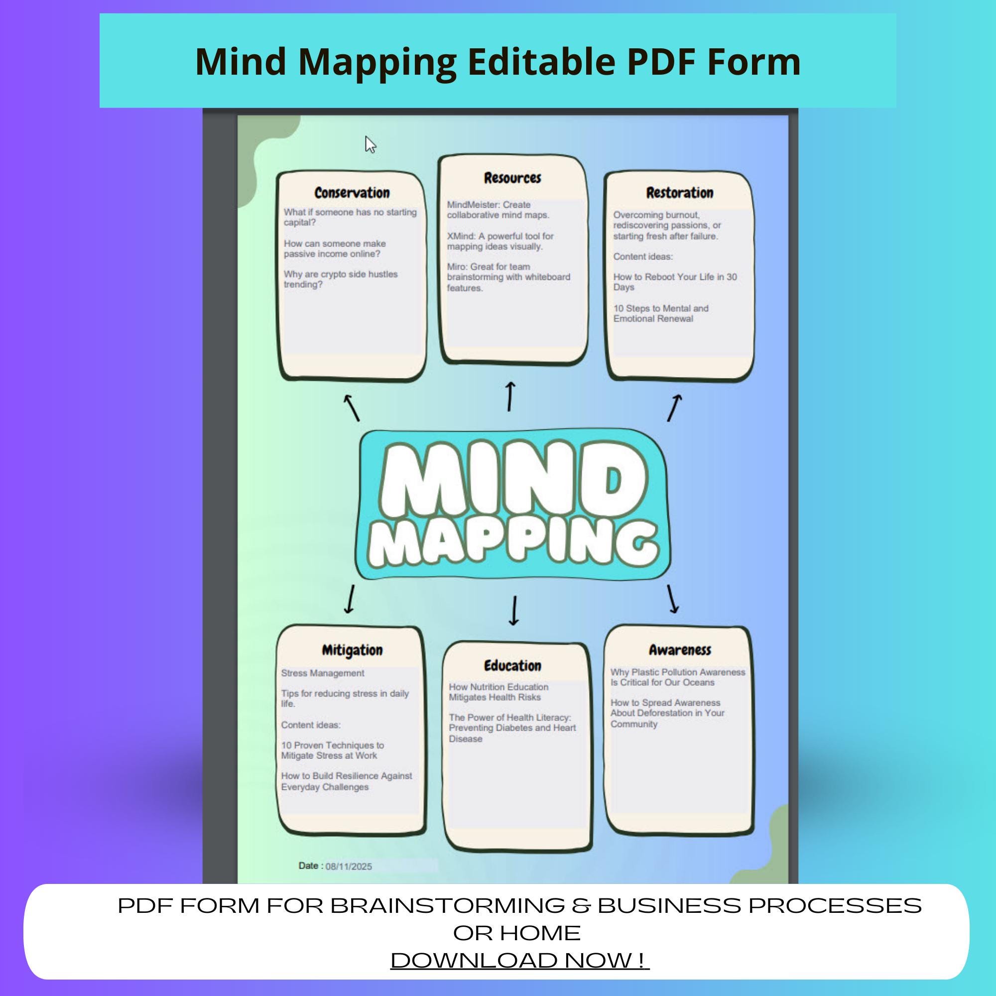 Mind Mapping Editable PDF Form for Brainstorming & Business Processes ...