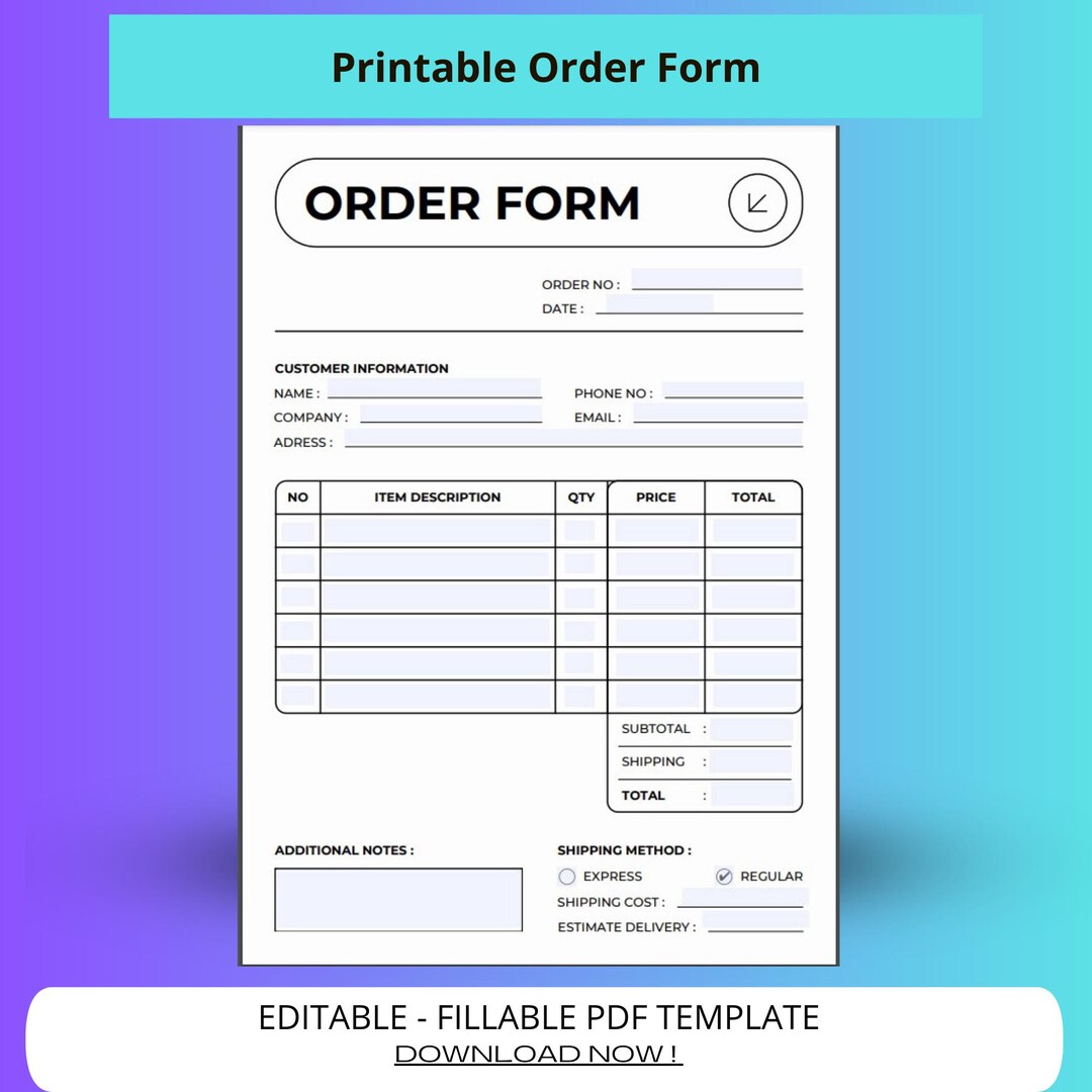Printable Order Form | Editable Fillable PDF Template for Small ...