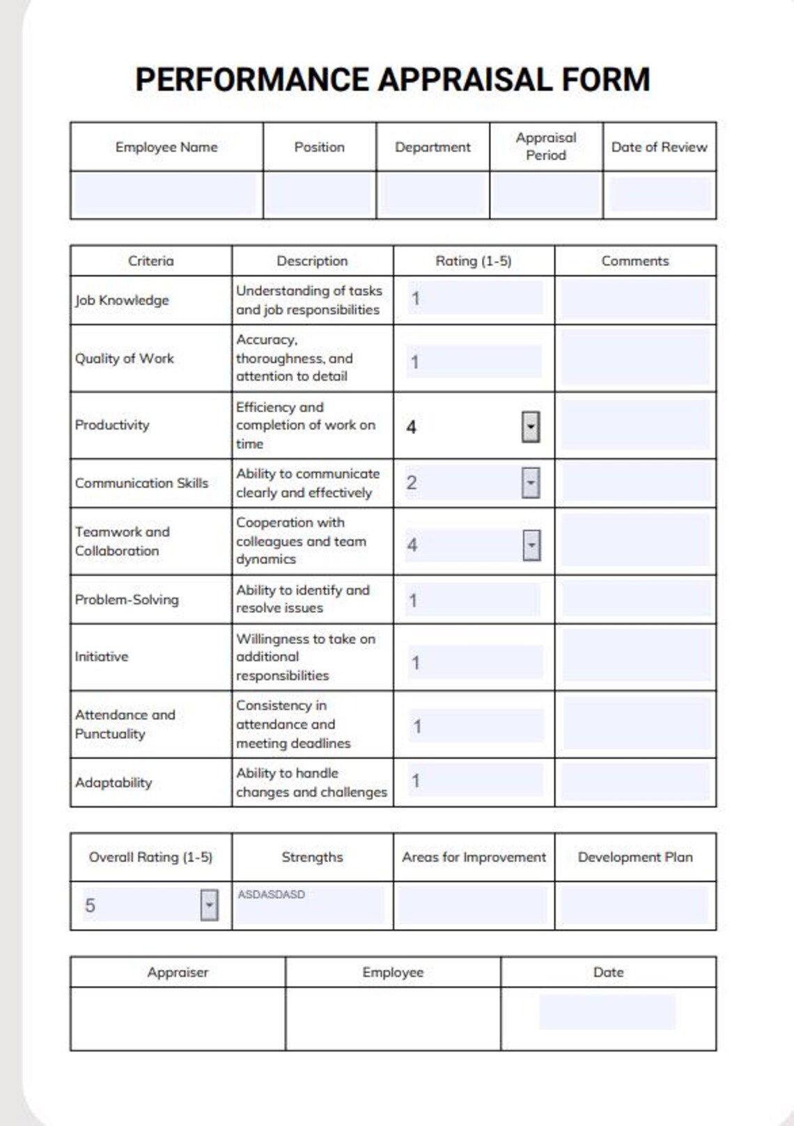 Performance Appraisal Form: Editable Employee Evaluation Template (PDF ...