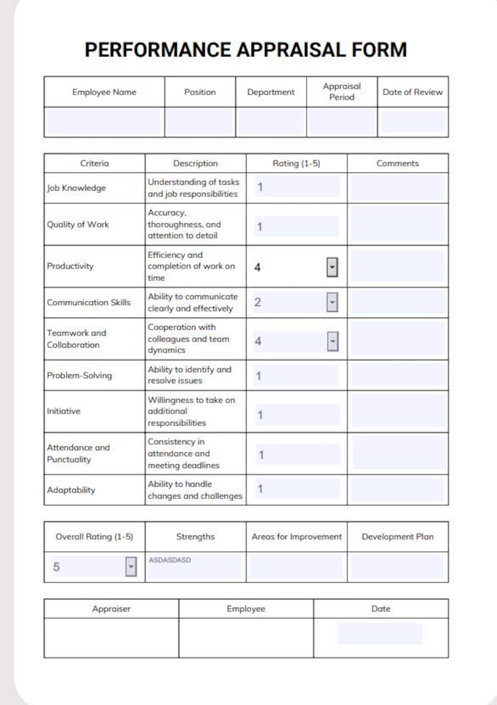 Performance Appraisal Form Editable PDF | Printable Employee Evaluation ...