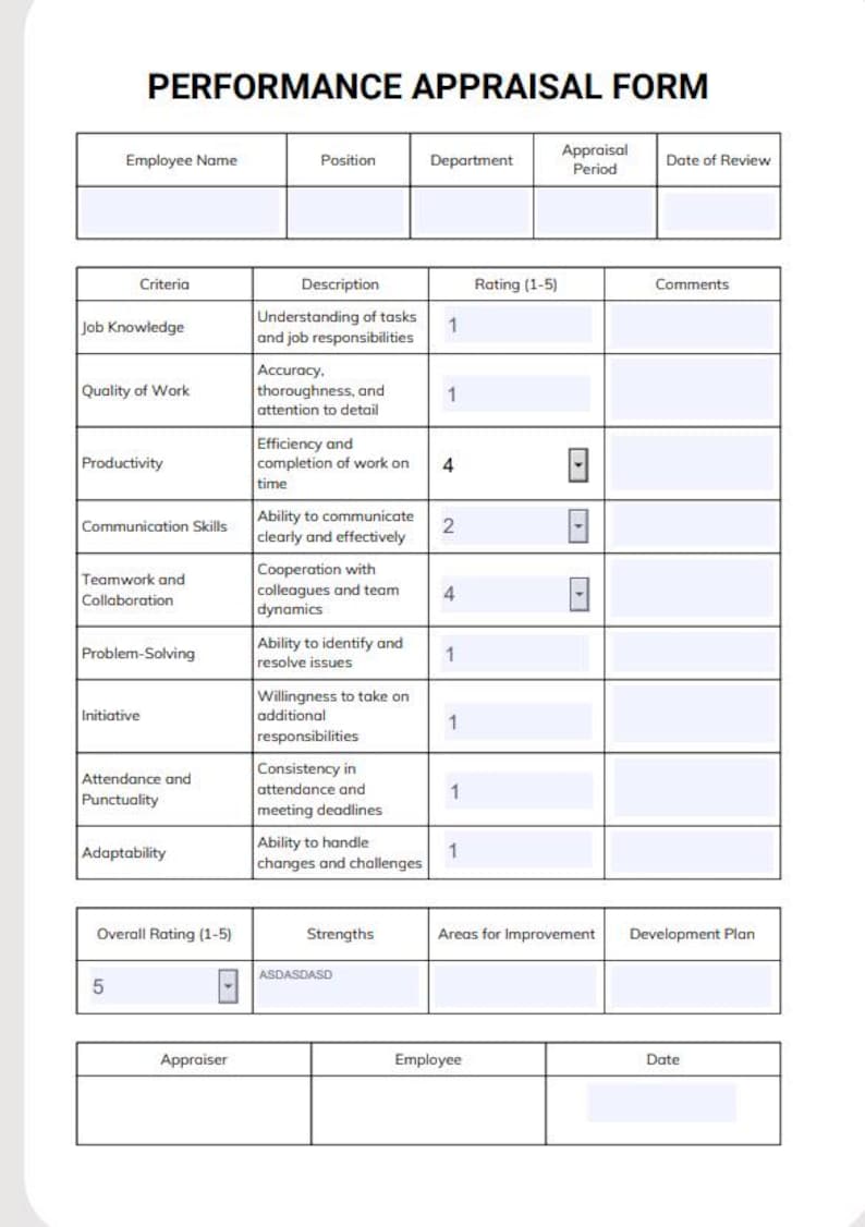 Performance Appraisal Form Editable PDF | Printable Employee Evaluation ...
