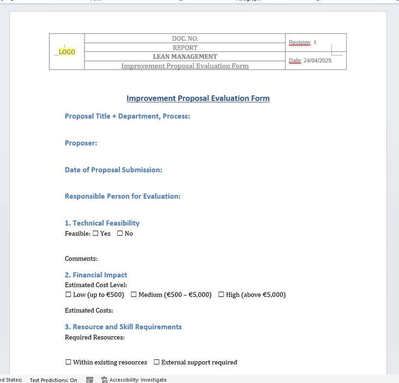 Lean Management Improvement Proposal Form: Editable Kaizen Word ...