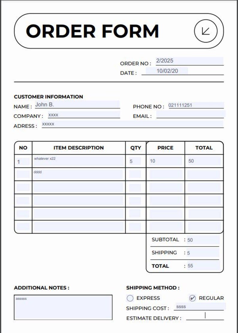 Printable Order Form | Editable Fillable PDF Template for Small Business & Shops | Instant ...