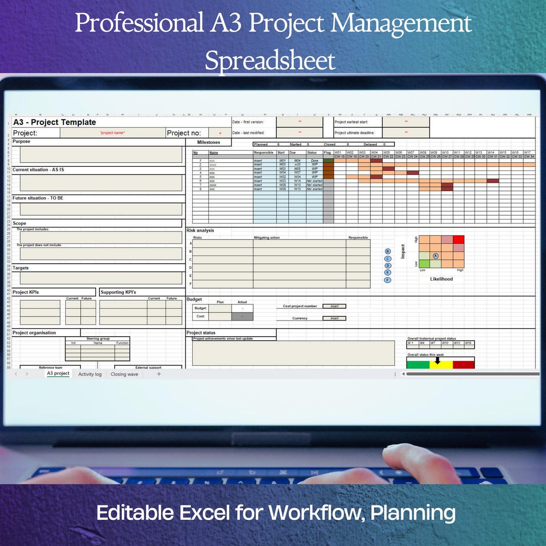 A3 Project Management Template: Editable Excel Workflow (digital ...
