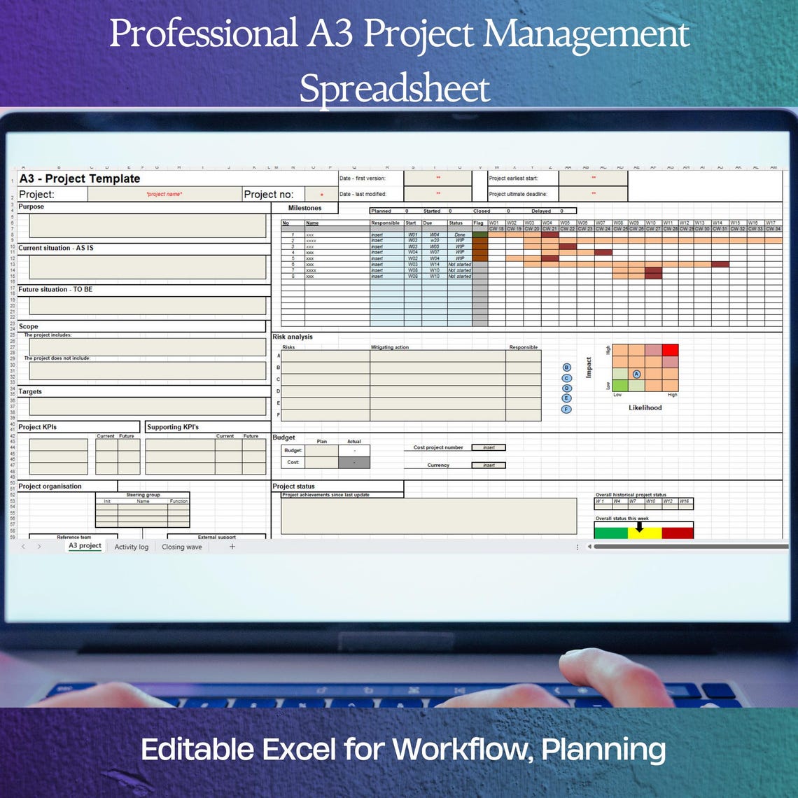 A3 Project Management Template: Editable Excel Workflow (digital ...