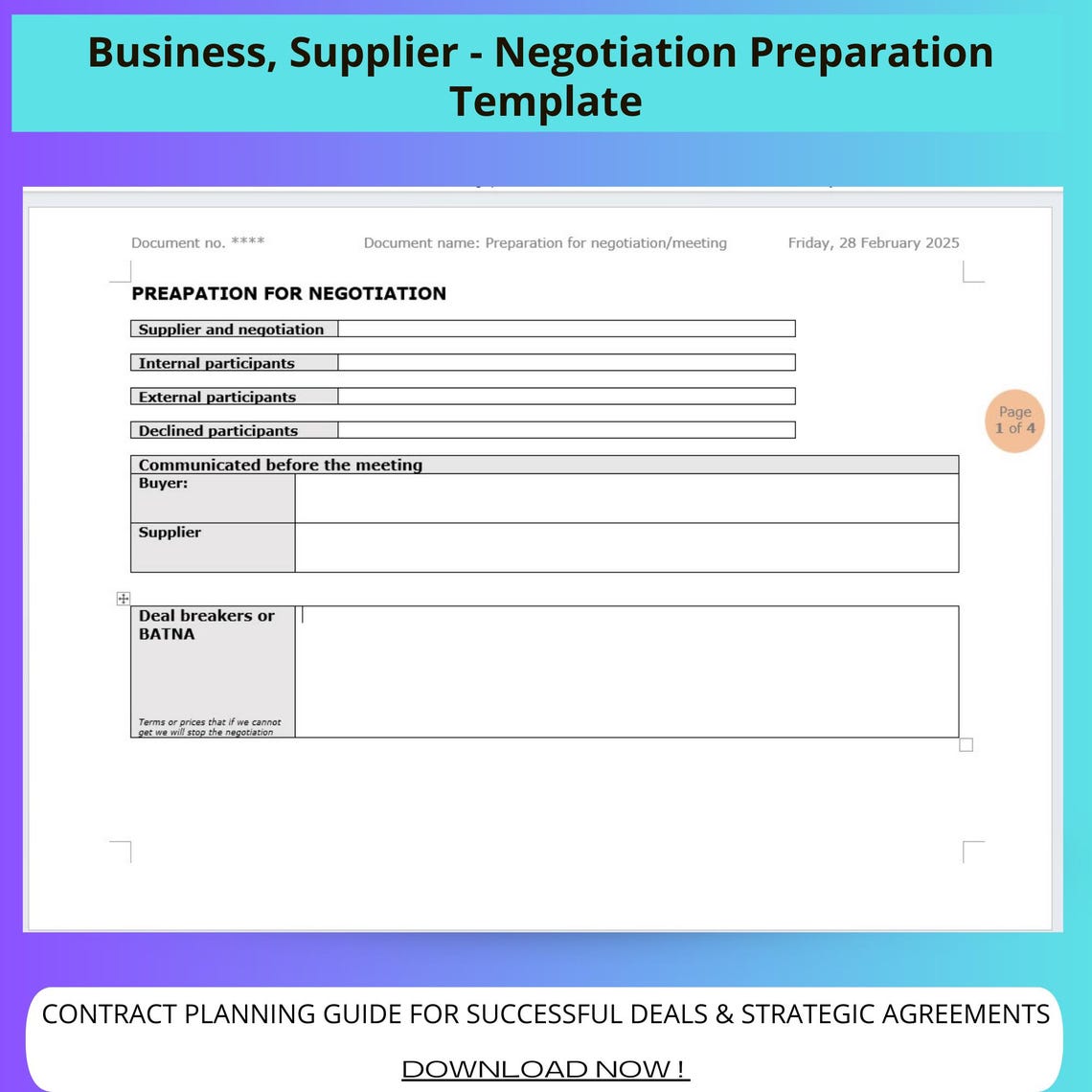 Negotiation Preparation Template – Business, Supplier, Contract Planning Guide for Successful ...