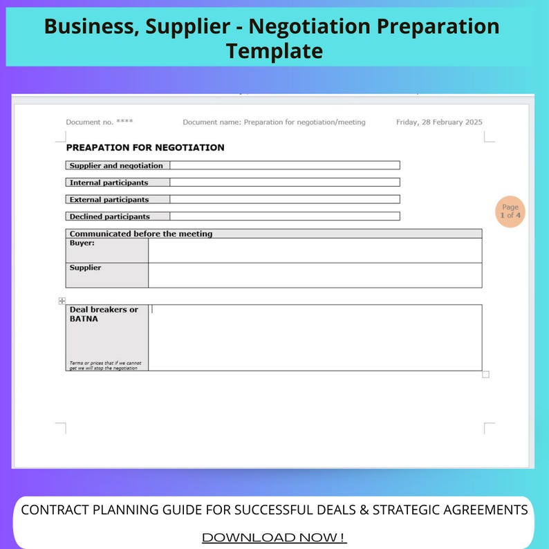 Negotiation Preparation Template – Business, Supplier, Contract ...