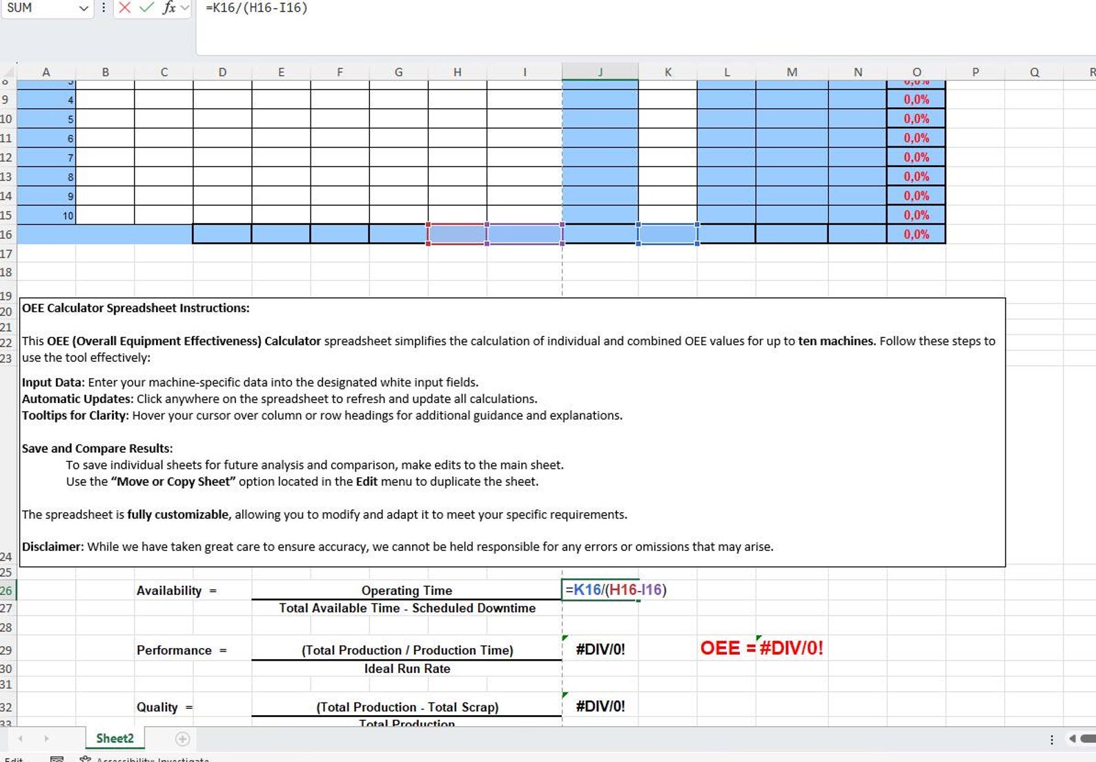 OEE Downtime Monitoring Excel Template With Automated Formulas – Track ...