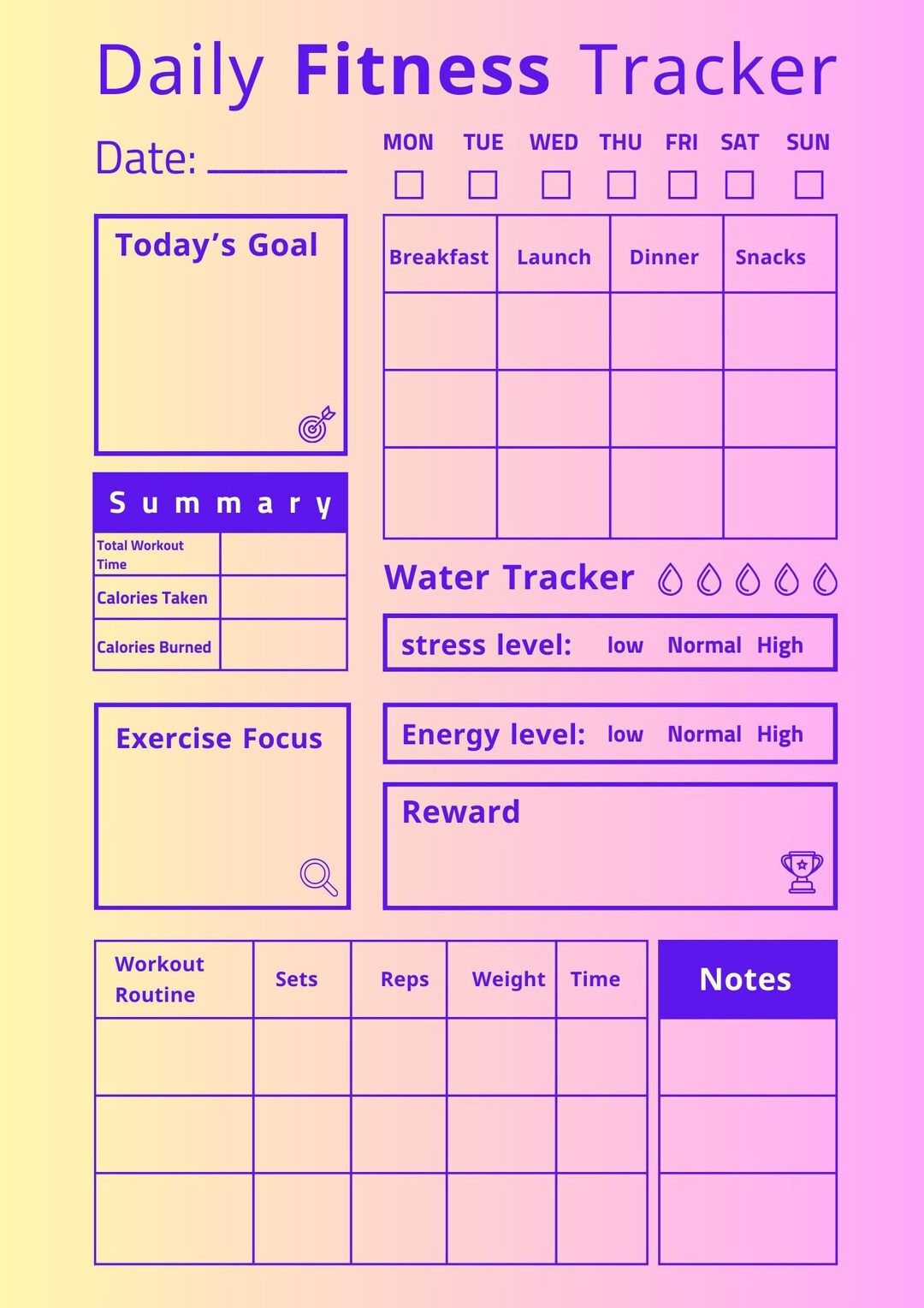Daily Fitness Tracker Fillable Printable PDF Form Wellness & Workout ...