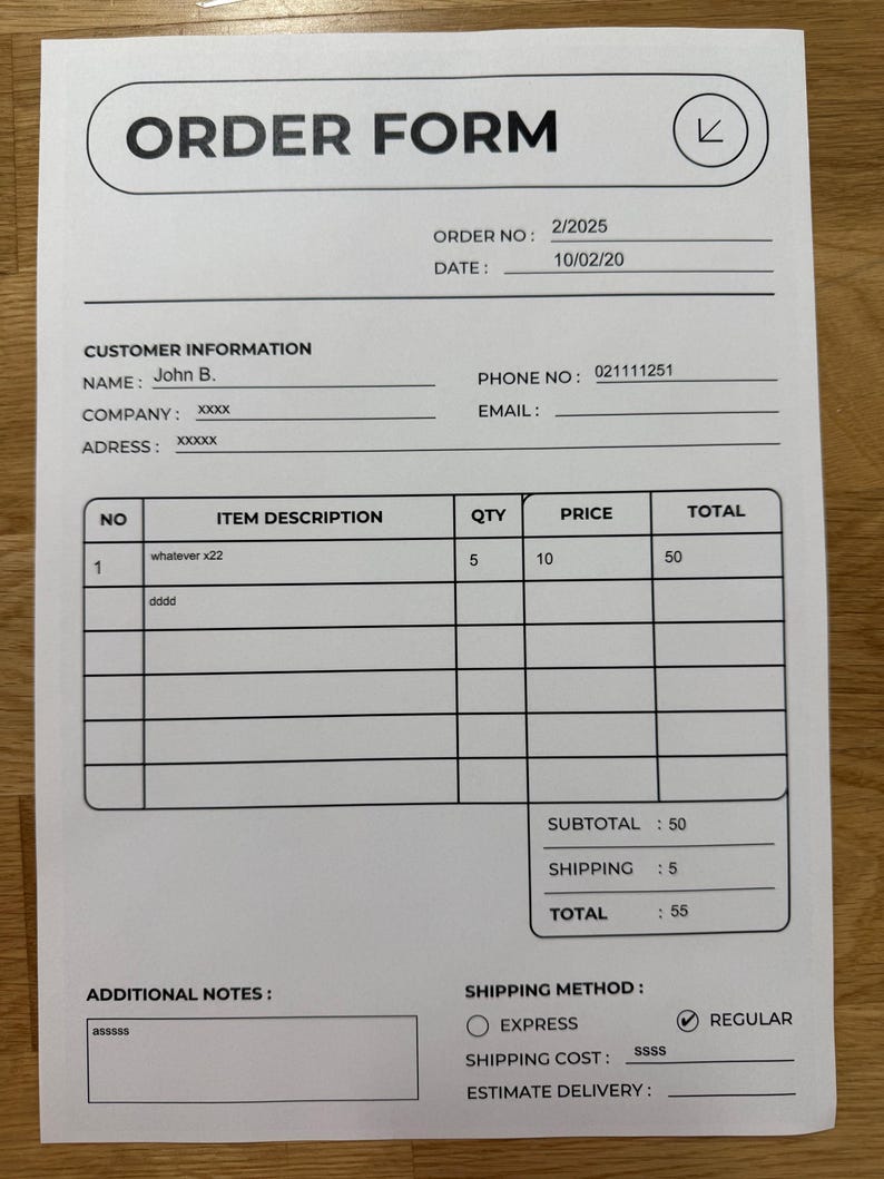 Printable Order Form | Editable Fillable PDF Template for Small Business & Shops | Instant ...