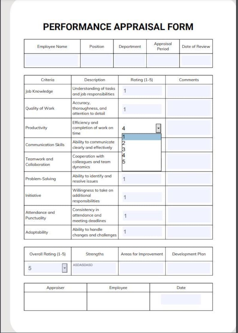 Performance Appraisal Form Editable PDF | Printable Employee Evaluation ...