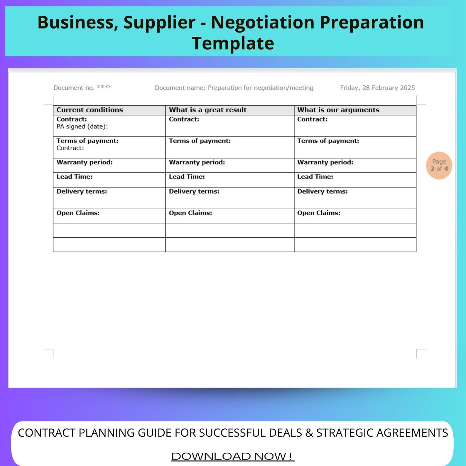 Negotiation Preparation Template – Business, Supplier, Contract ...