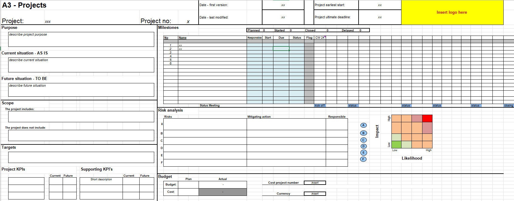Project Management A3 Excel Sheet Form for A3 Project Cycles Printable ...