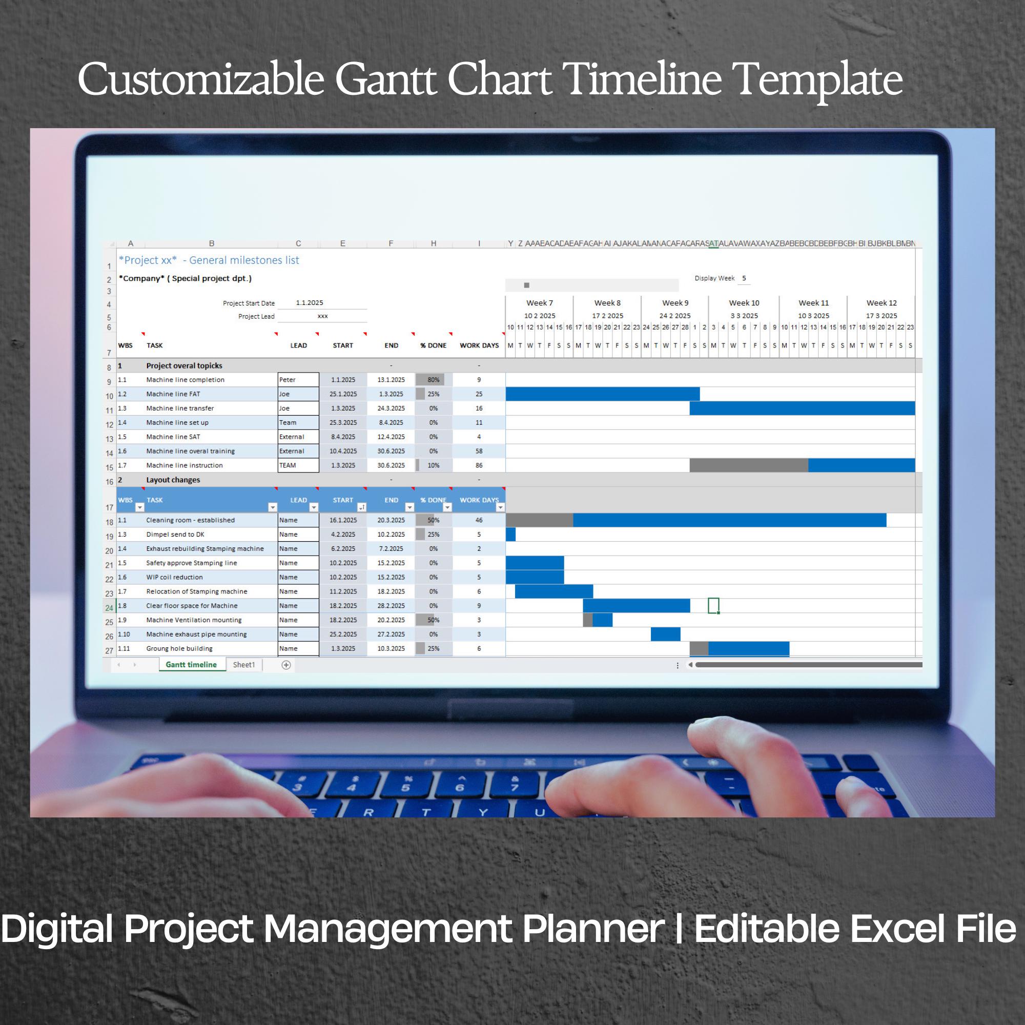 Customizable Gantt Chart Timeline Template Digital Project Management ...