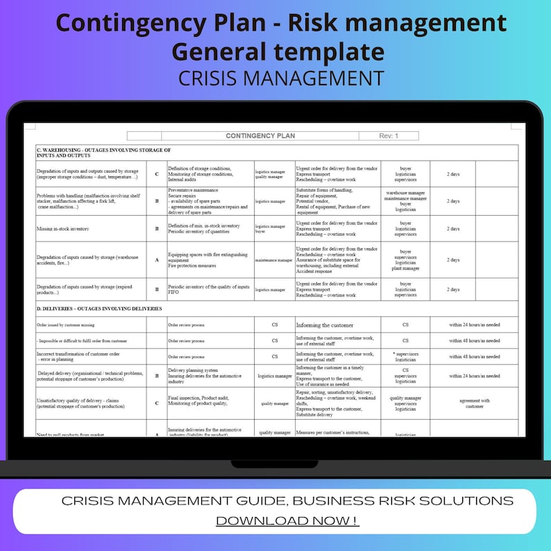 Contingency Plan Template: Editable Business Risk & Crisis Management ...