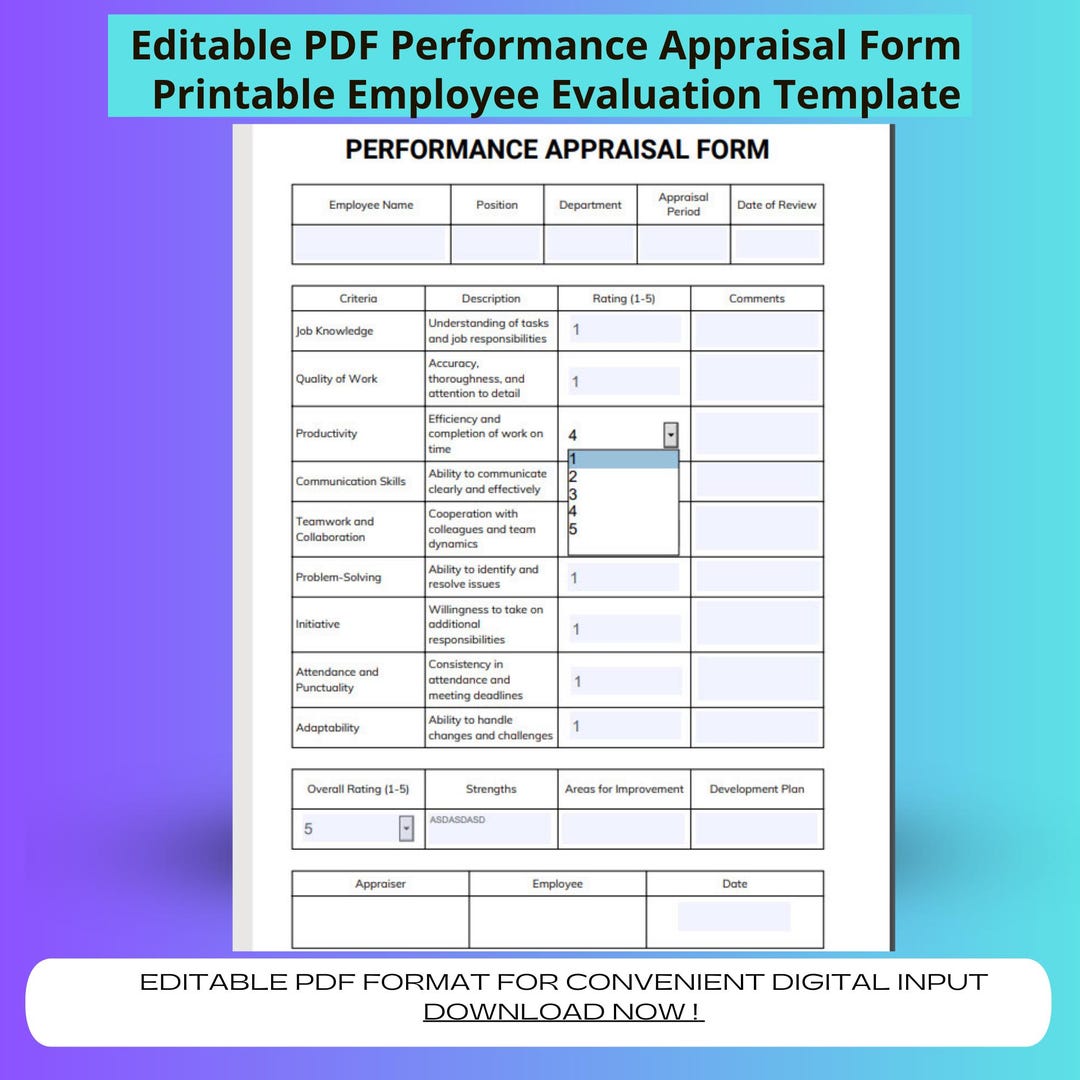 Performance Appraisal Form Editable PDF | Printable Employee Evaluation ...