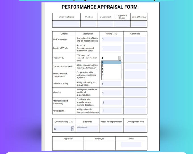 Performance Appraisal Form: Editable Employee Evaluation Template (PDF ...