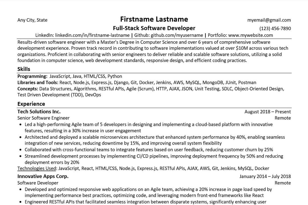 Modern Full Stack Developer Resume Template for MS Word, Professional ...