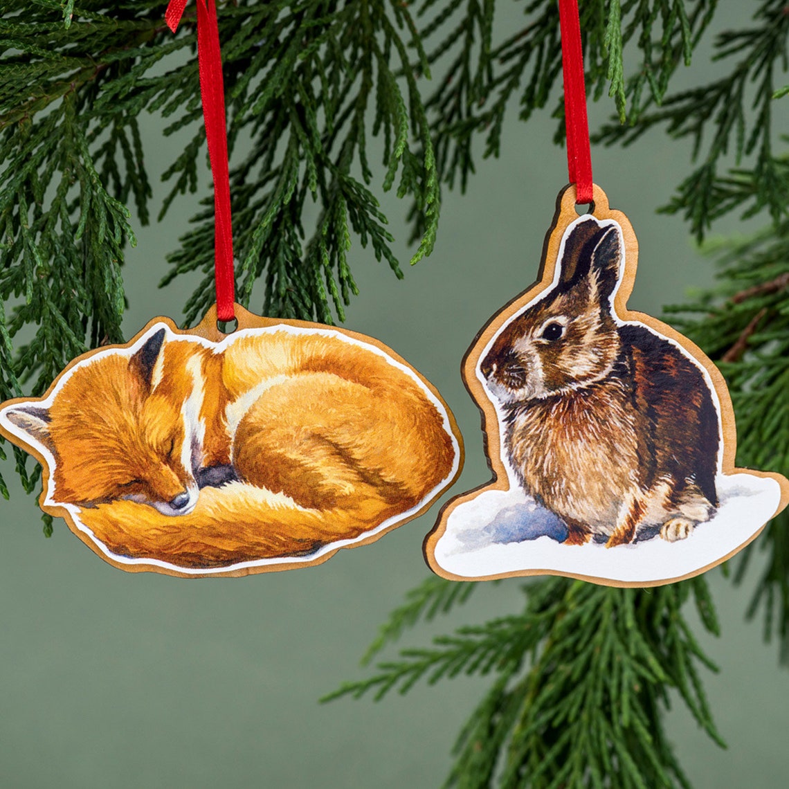 Bunny Rabbit Christmas Wood Tree Ornament Handmade - Etsy